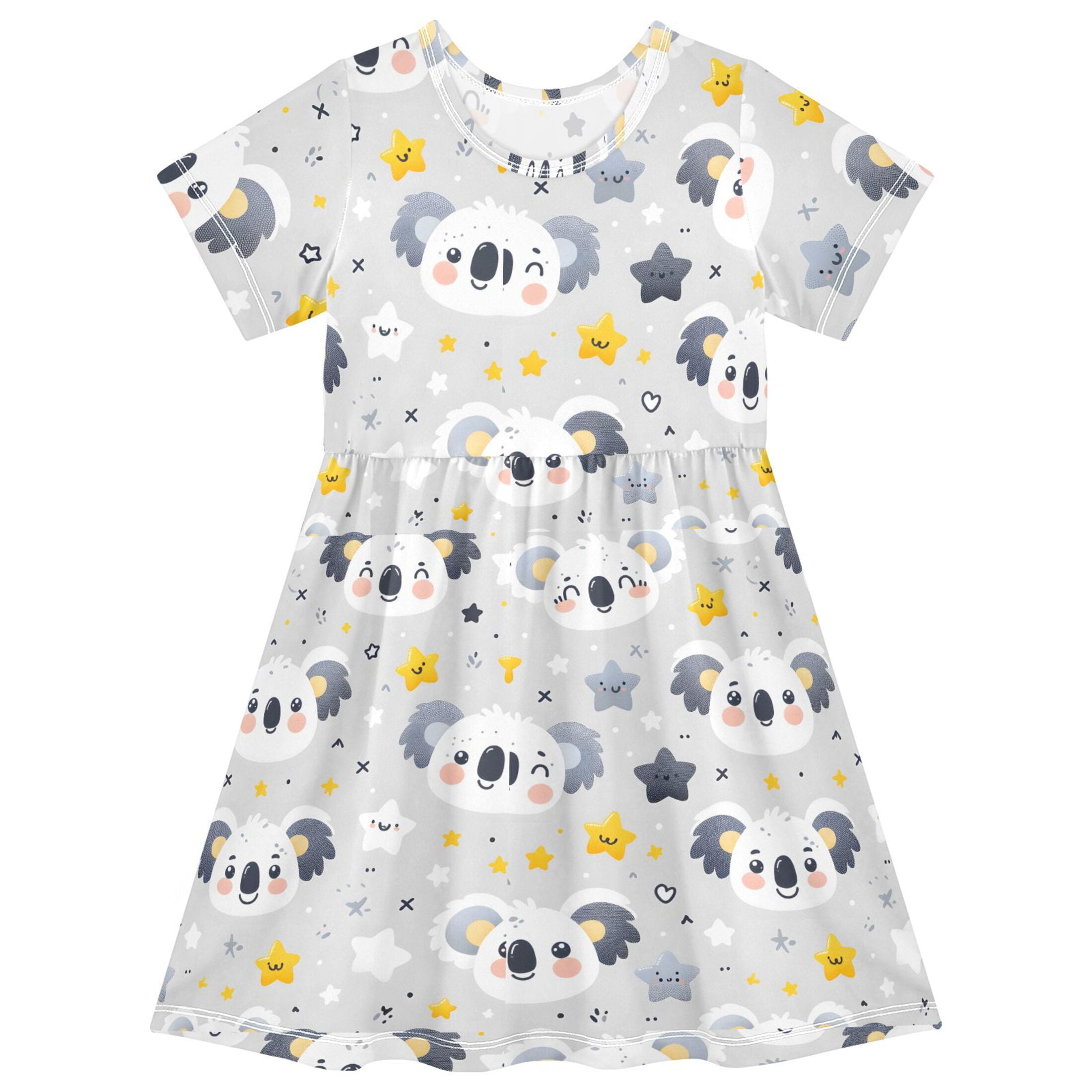 Cartoon Koala Face and Star Short Sleeve Dress A-Line Cute Midi Casual ...