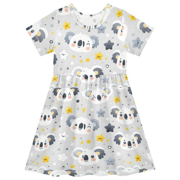 Cartoon Koala Face and Star Short Sleeve Dress A-Line Cute Midi Casual ...