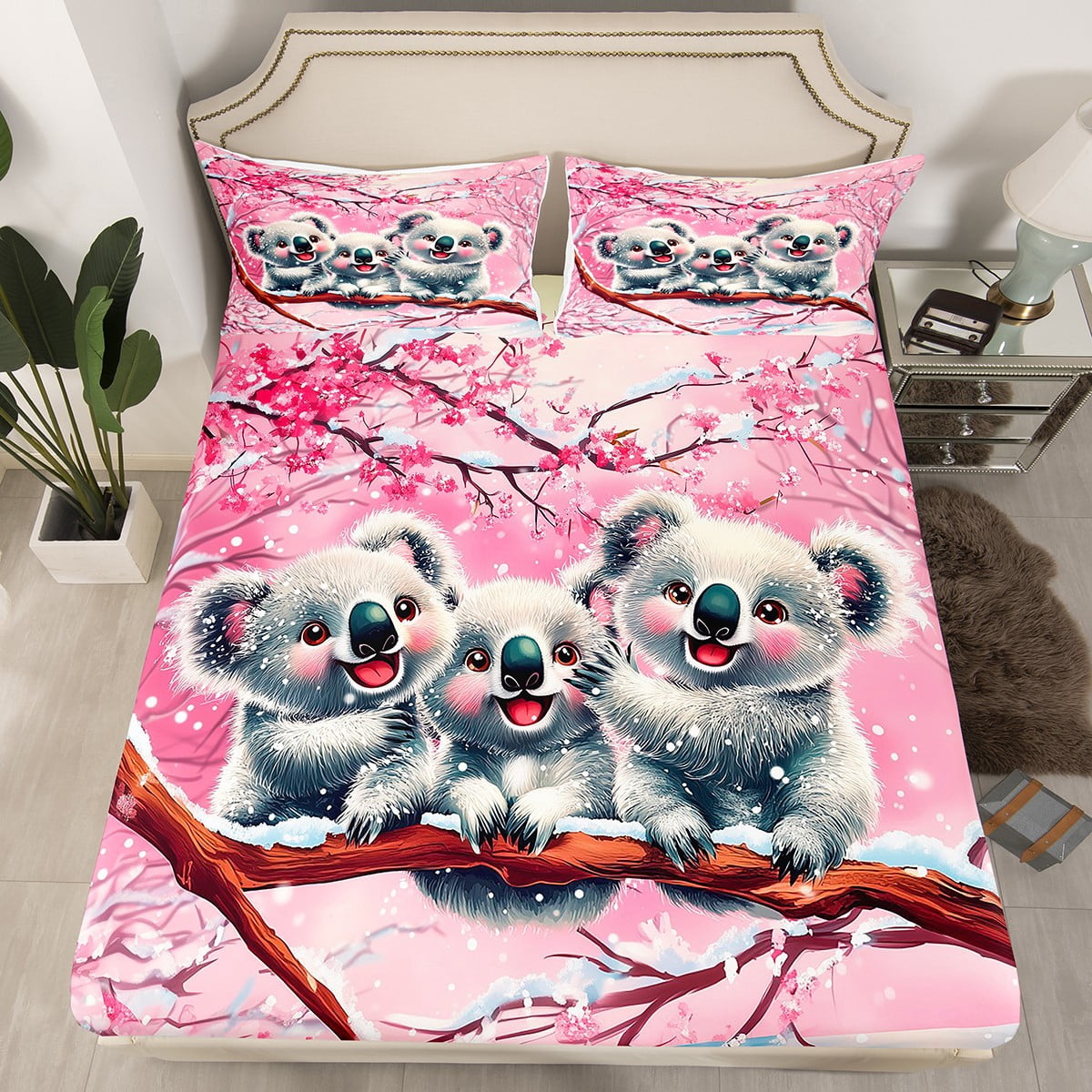 Cartoon Koala Fitted Sheet Pink Cherry Blossom Bedding Set Cute Kawaii ...