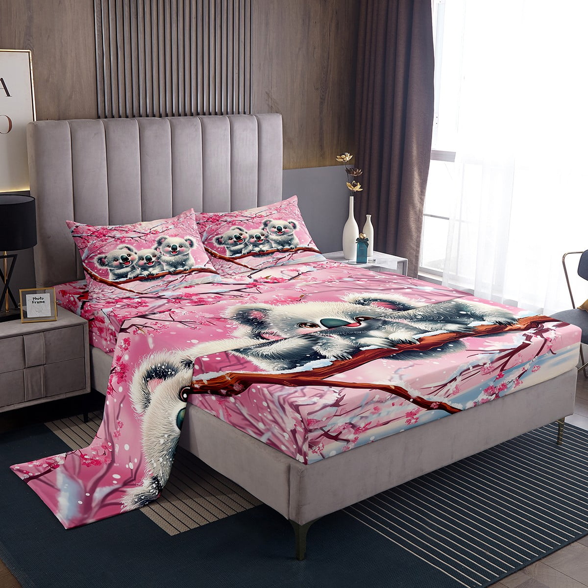 Cartoon Koala Kids Bed Sheets Pink Cherry Blossom Bedding Set For Boys ...