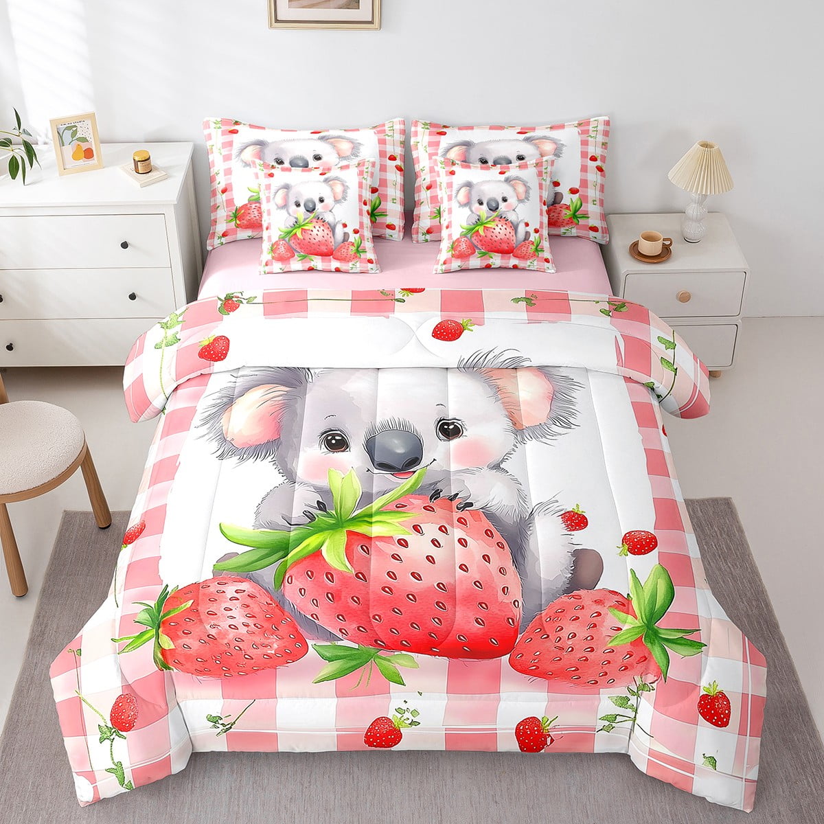 Cartoon Koala Kids Bedding Set Red Strawberry Twin Comforter Set 7 ...