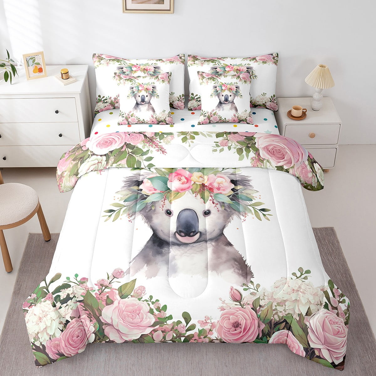 Cartoon Koala King Comforter Set 7-Piece Chic Cherry Blossoms Bedding Comforter Sets Cute Animal ...