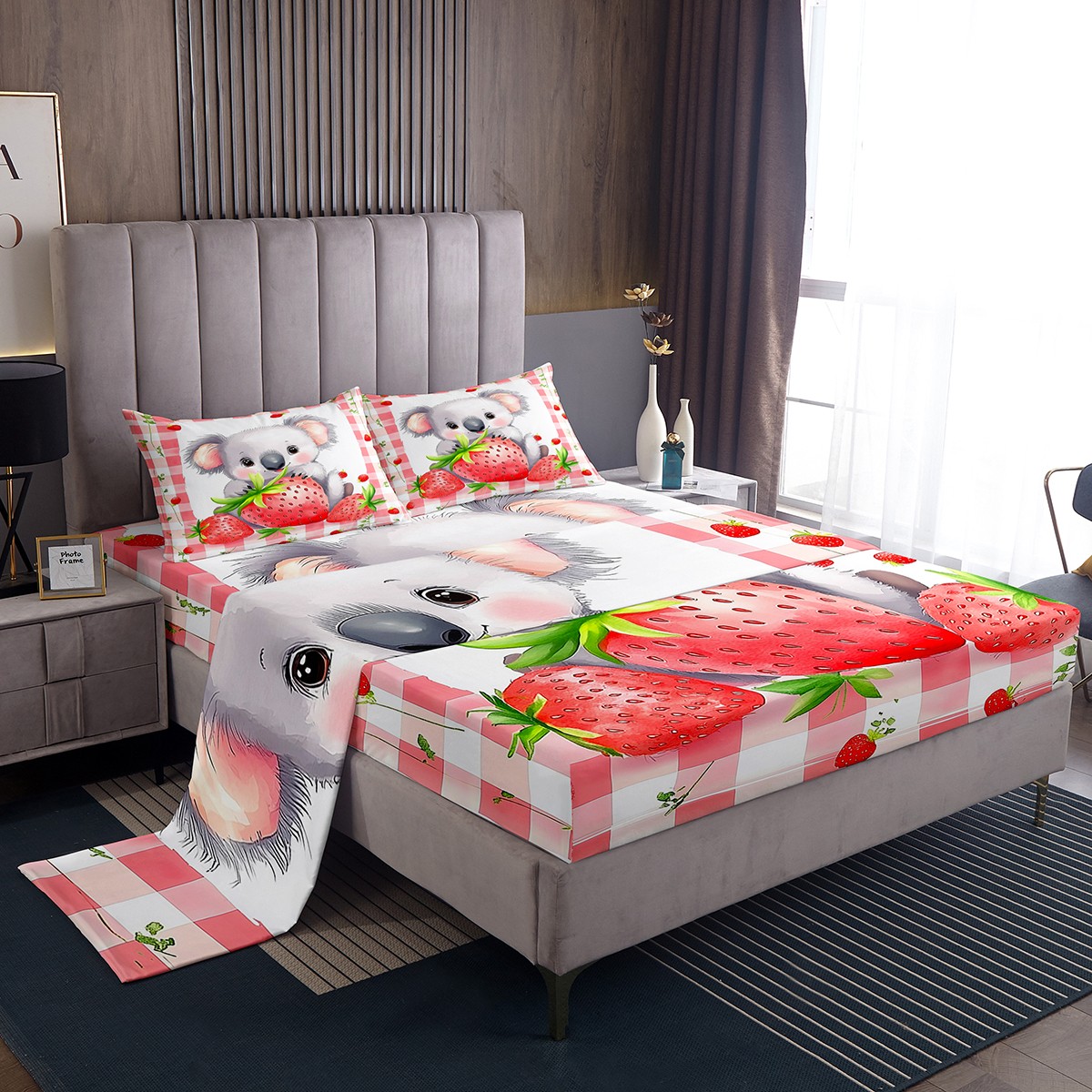 Cartoon Koala Sheet Set Red Strawberry Bed Sheets King Size Teen Cute ...