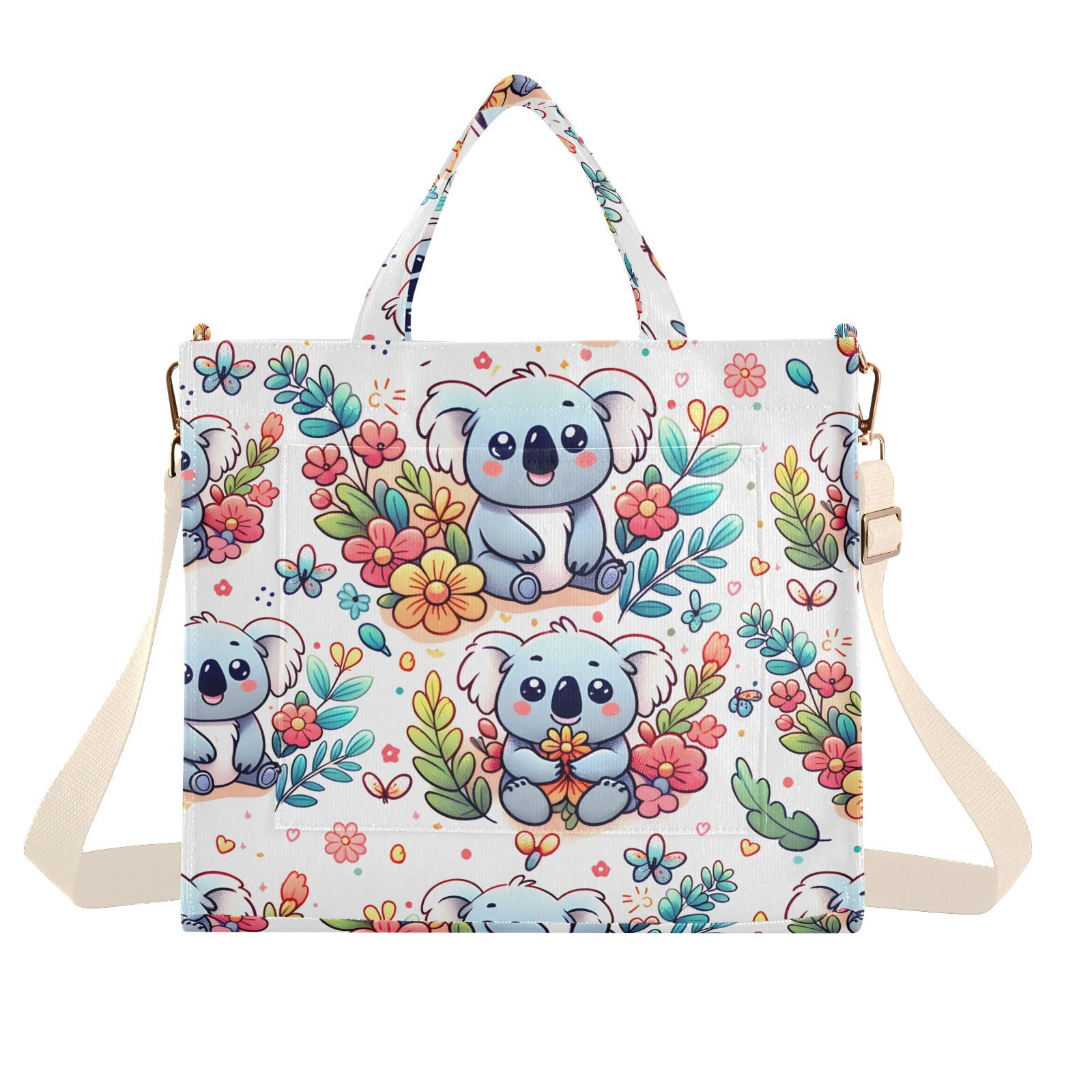 Cartoon Koala and Flowers Corduroy Tote Bag Handbag Large Messenger Bag ...