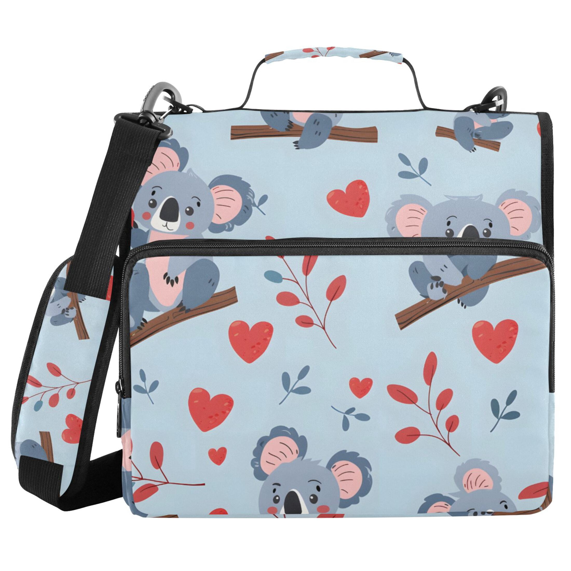 Cartoon Koala on Branch Heart Leaves Binder Bag with Shoulder Strap 3 ...