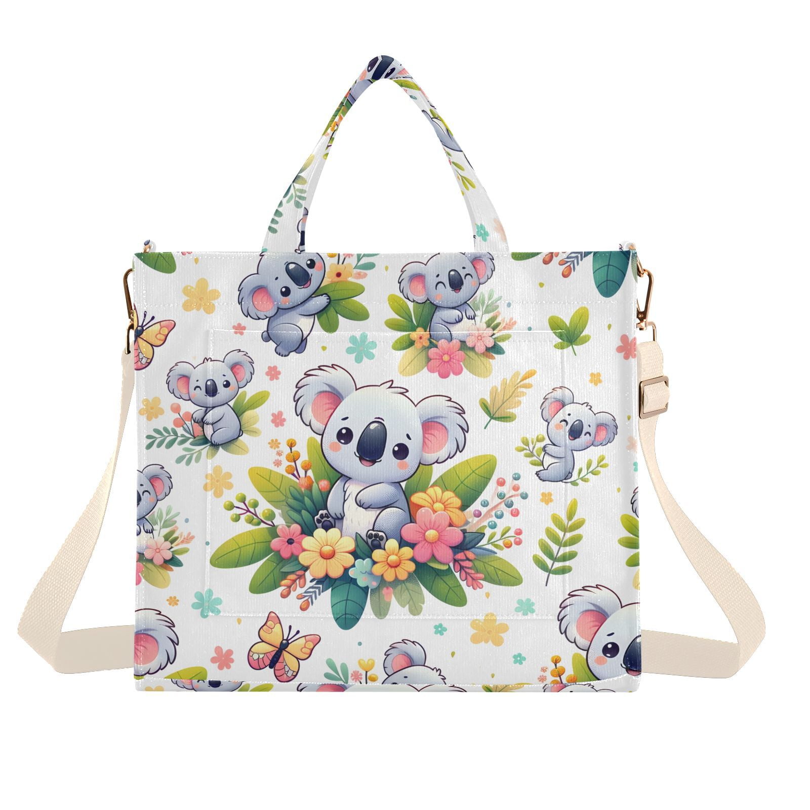 Cartoon Koala with Flower Plant Corduroy Tote Bag Handbag Large ...