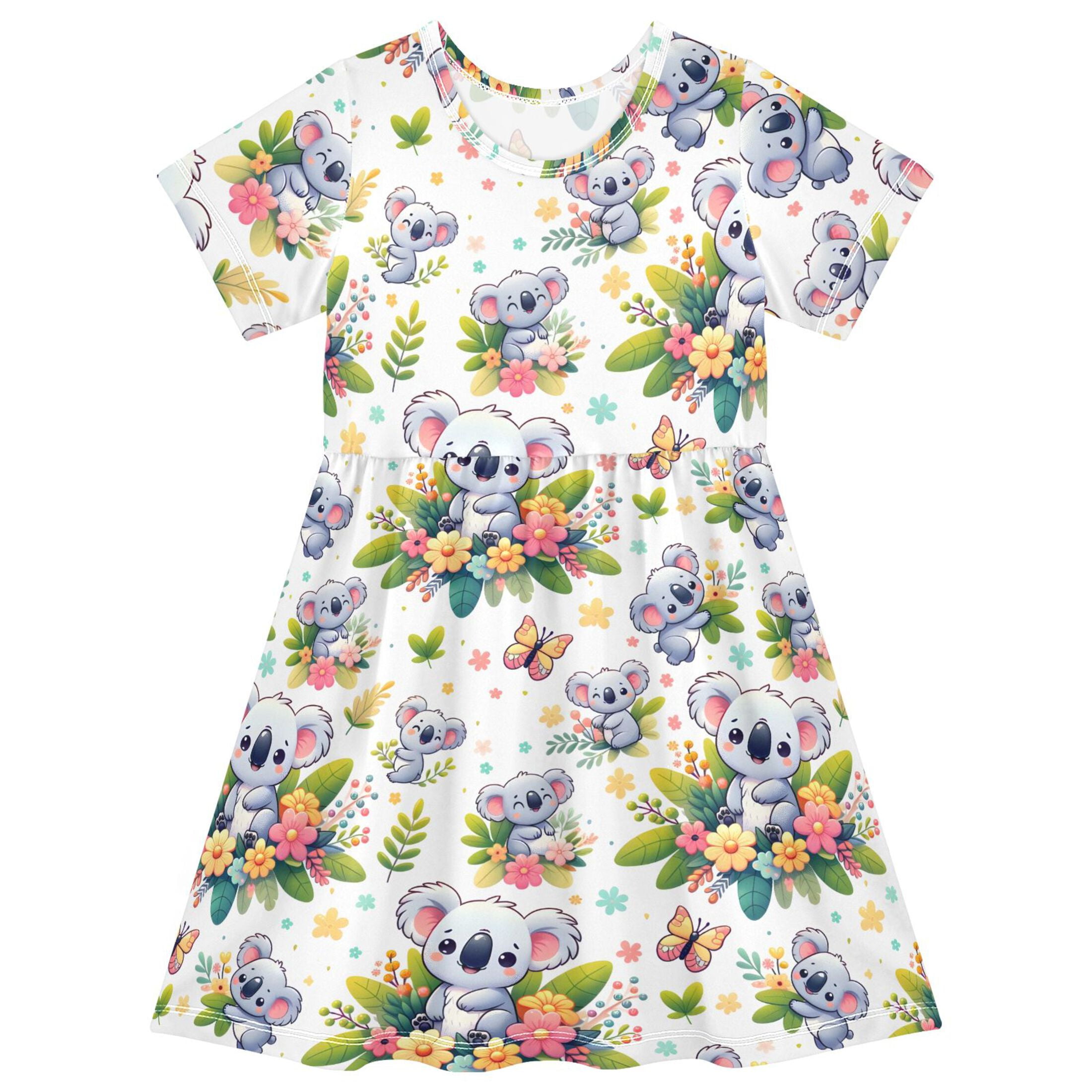 Cartoon Koala with Flower and Plant Short Sleeve Dress A-Line Cute Midi ...