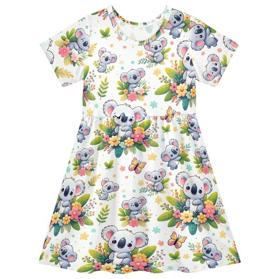 Cartoon Koala with Flower and Plant Short Sleeve Dress A-Line Cute Midi ...