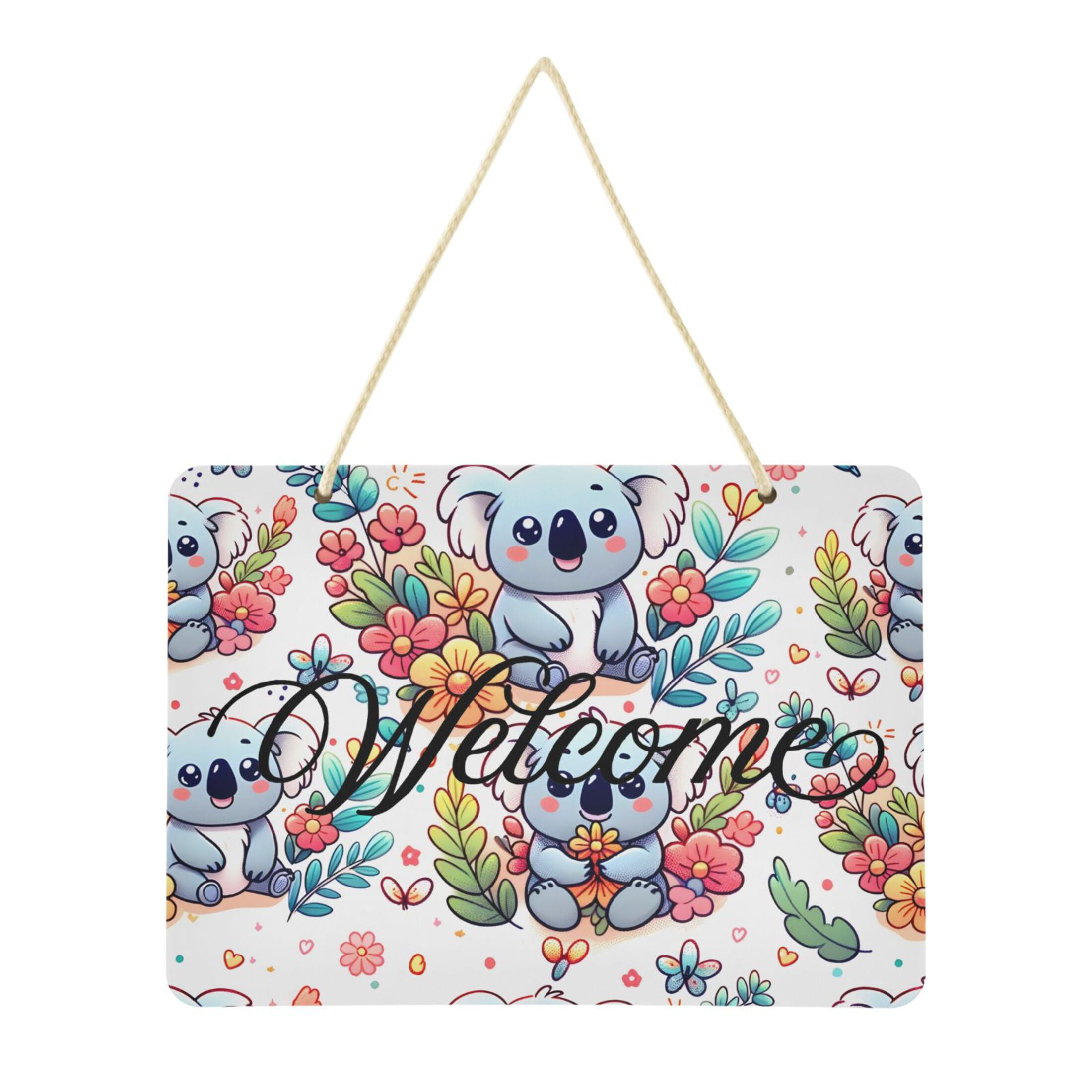 Cartoon Koala with Plant Welcome Sign Front Door PVC 14x10 inch Hanger ...