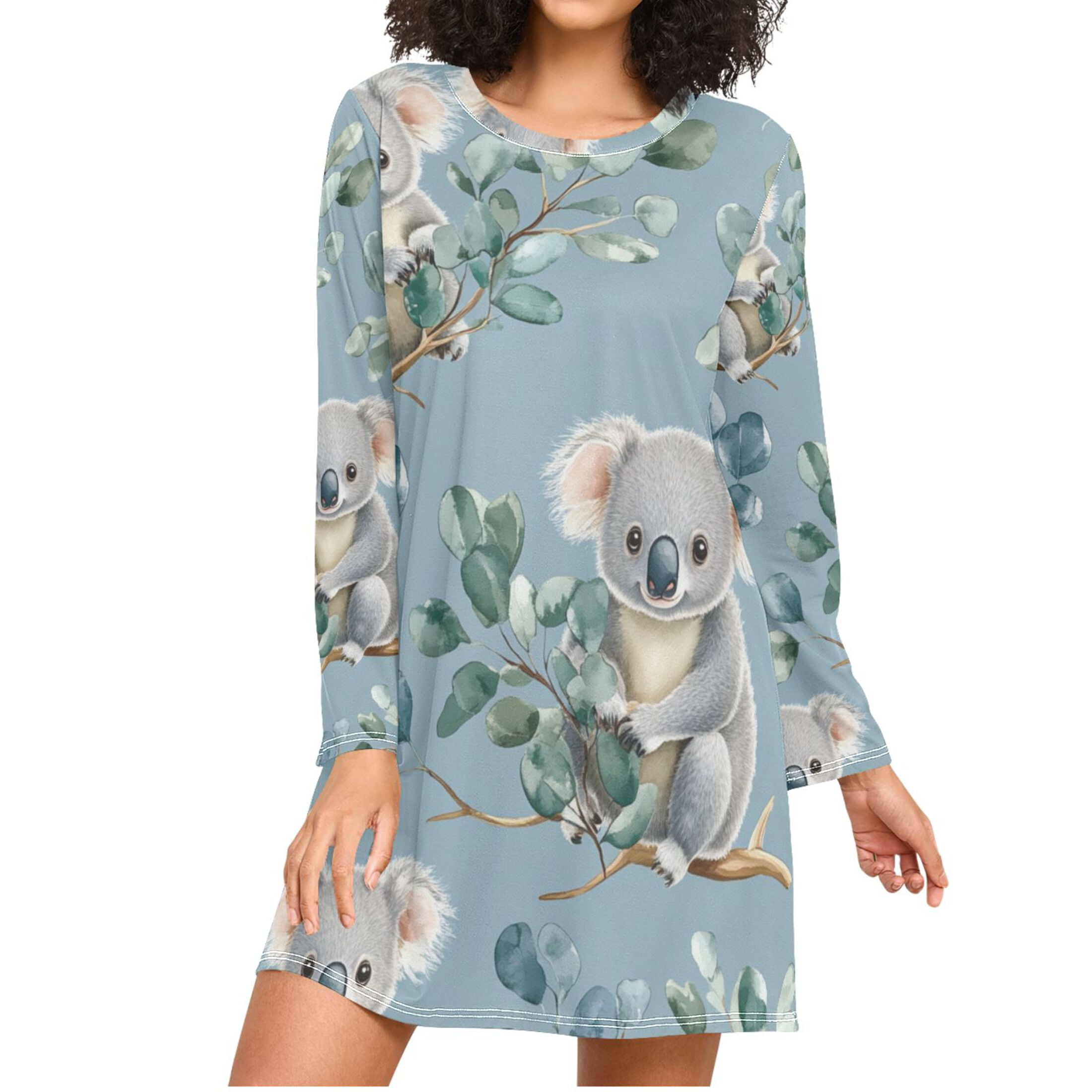 Cartoon Koalas with Eucalyptus Leaves Women's Long Sleeves Nightgowns ...
