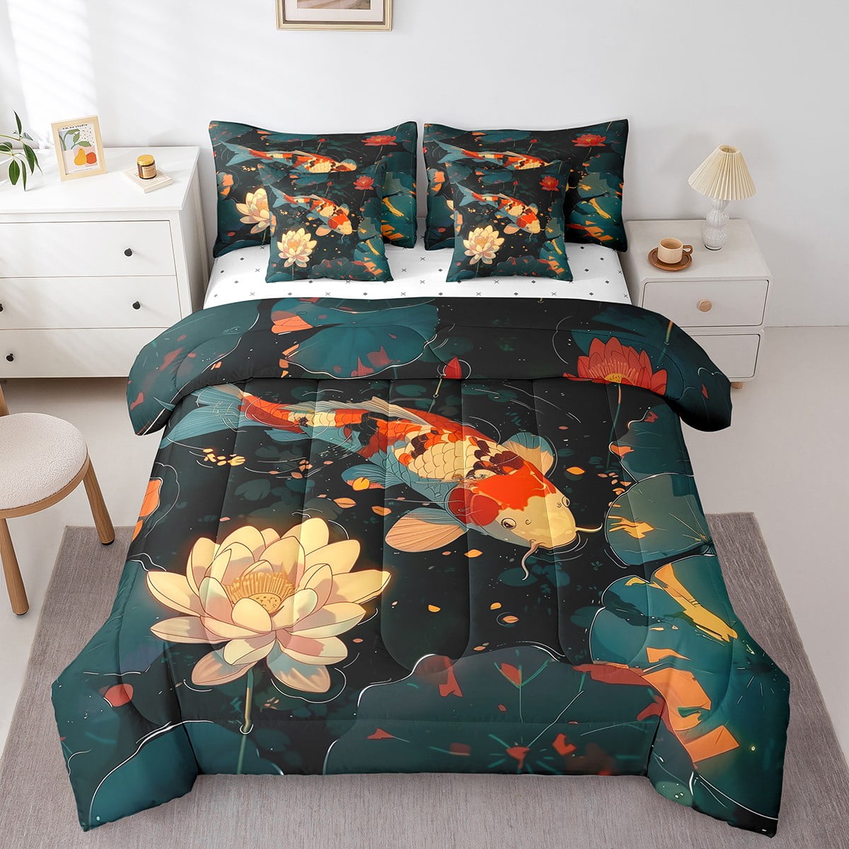 Cartoon Koi Fish Bedding Queen Size 7 Pieces Red White Lotus Comforter ...