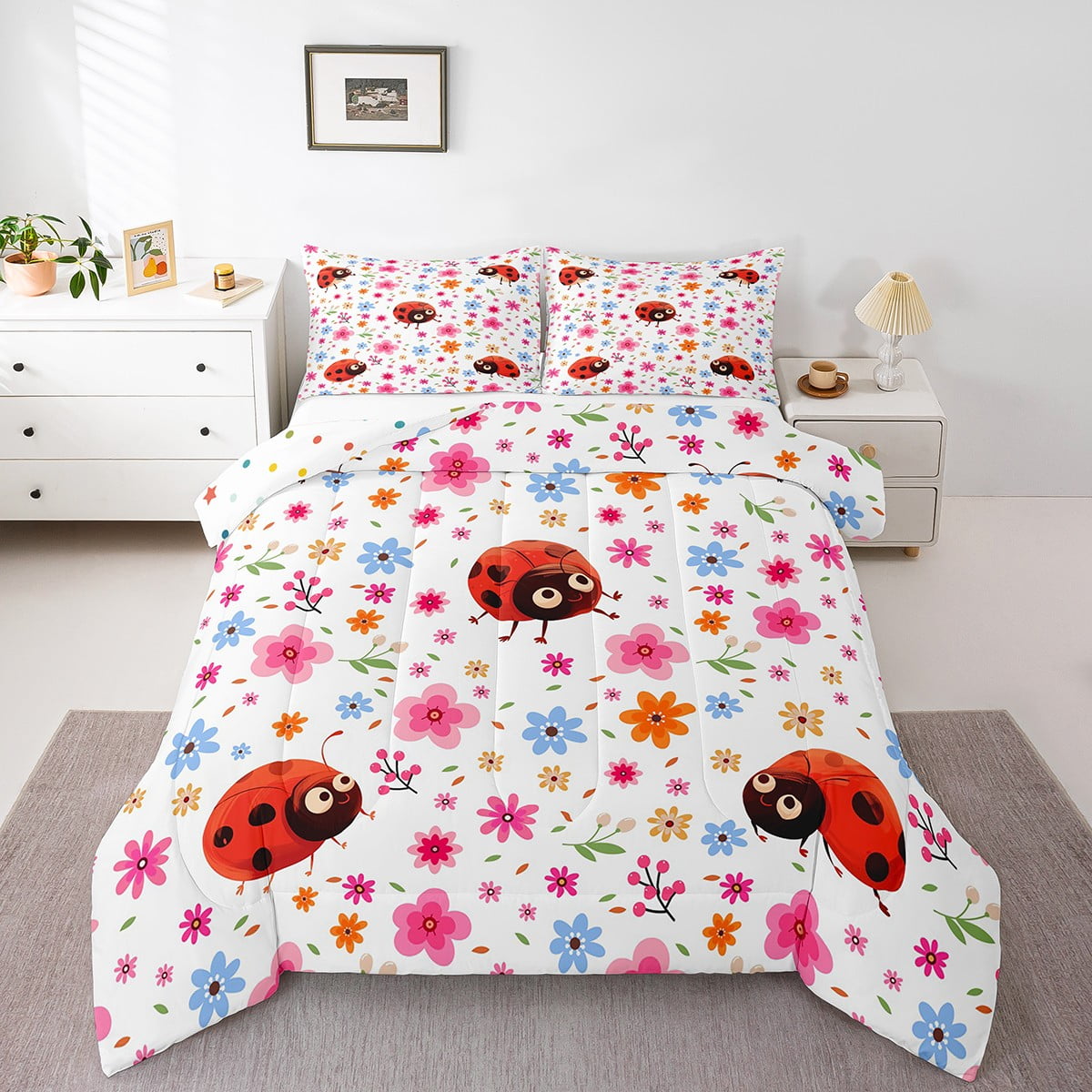Cartoon Ladybug Comforter Set Chic Floral Bedding Set, Kawaii Animal ...
