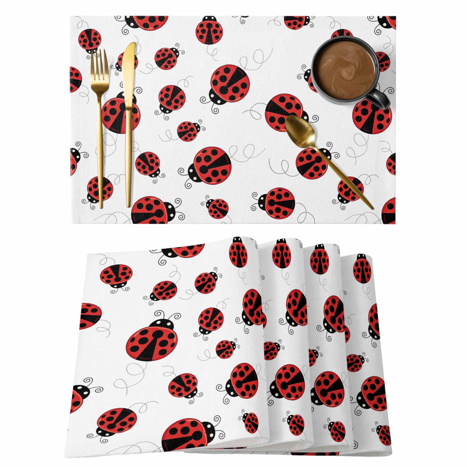 Cartoon Ladybug Placemats Set of 6, Funny Animals Dot Modern Simple ...