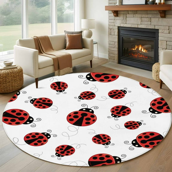 Cartoon Ladybug Round Rug 5ft Washable Circle Kitchen Rugs Non Slip Funny Animals Dot Modern ...