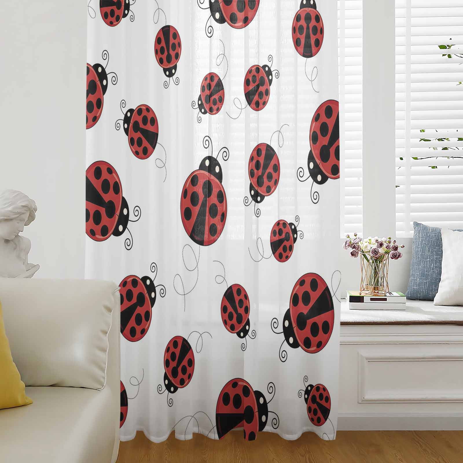 Cartoon Ladybug Semi Sheer Curtains Drapes for Living Room, Bedroom ...