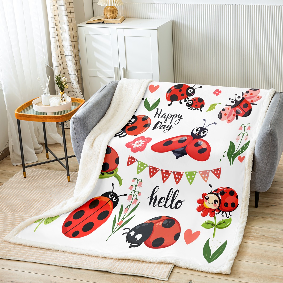 Cartoon Ladybug Sherpa Blanket Cute Insect Animal Blanket, Pink Red ...