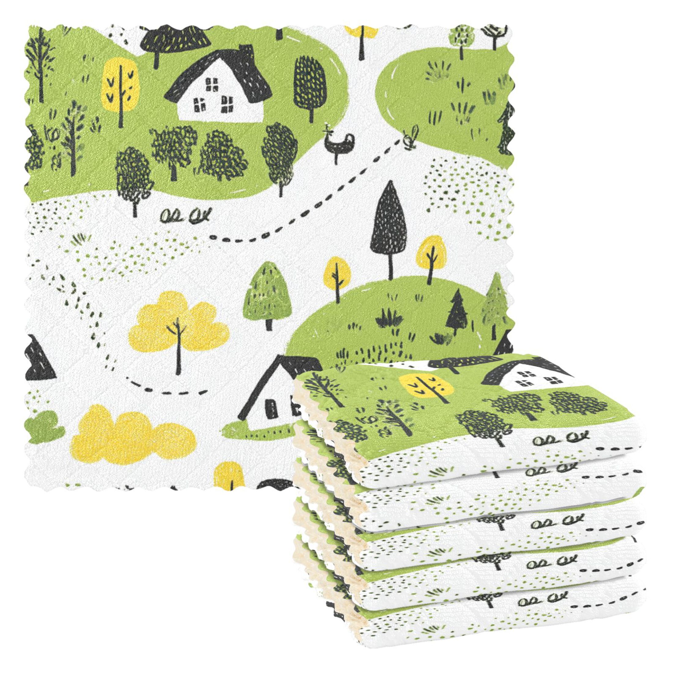 Cartoon Landscape Pattern 6 Pack Kitchen Cleaning Cloths 11'' x 11 ...