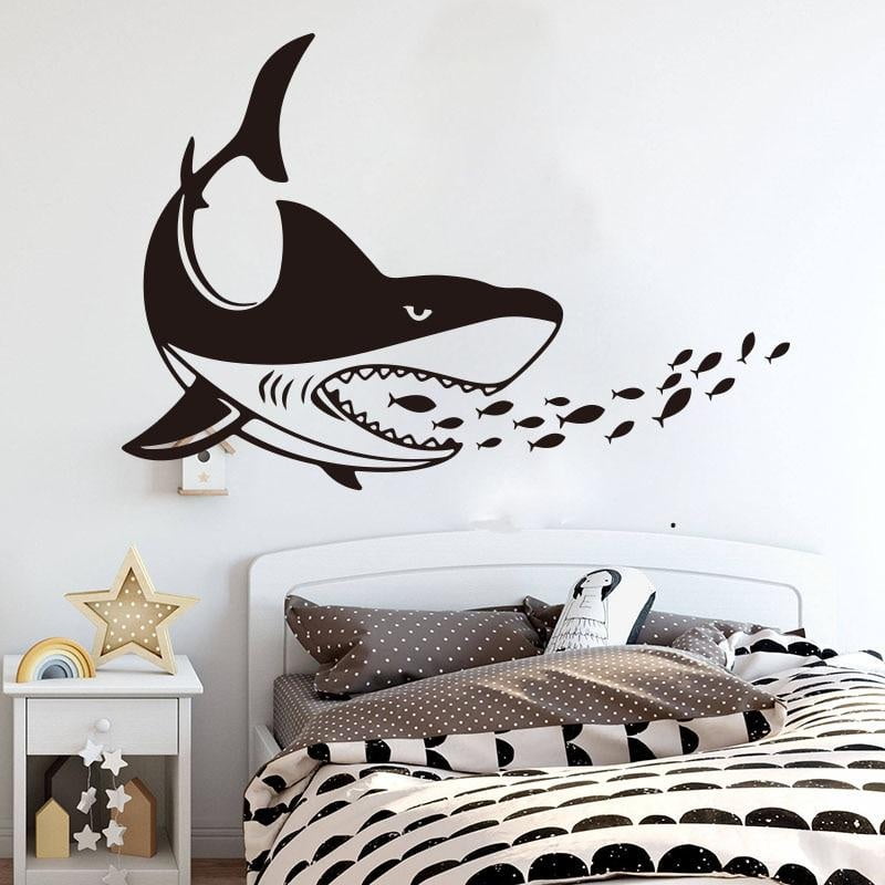 Cartoon Large Shark Eat Fish Wall Sticker Bathroom Kids Room Under The ...