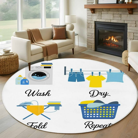 Cartoon Laundry Room Round Rug 5ft Washable Circle Kitchen Rugs Non ...