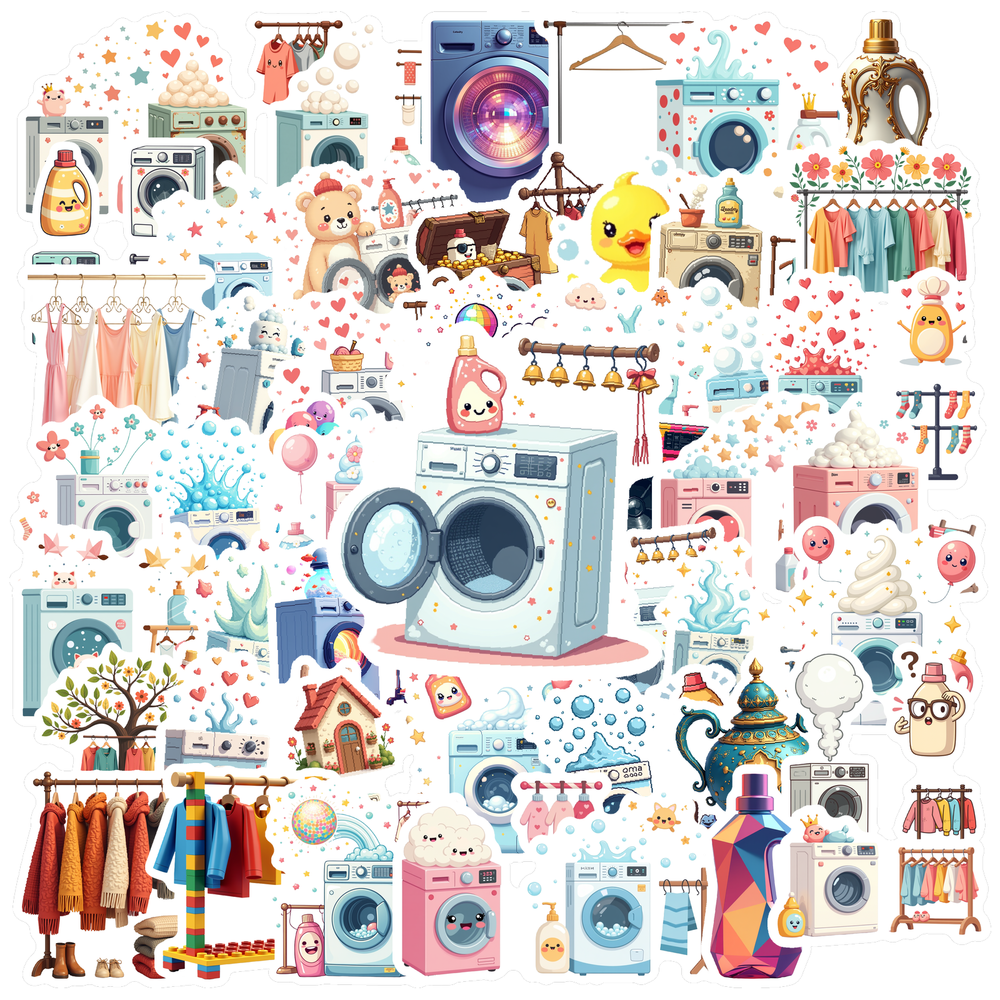 Cartoon Laundry Theme Stickers, Waterproof Laundry Theme Sticker for ...