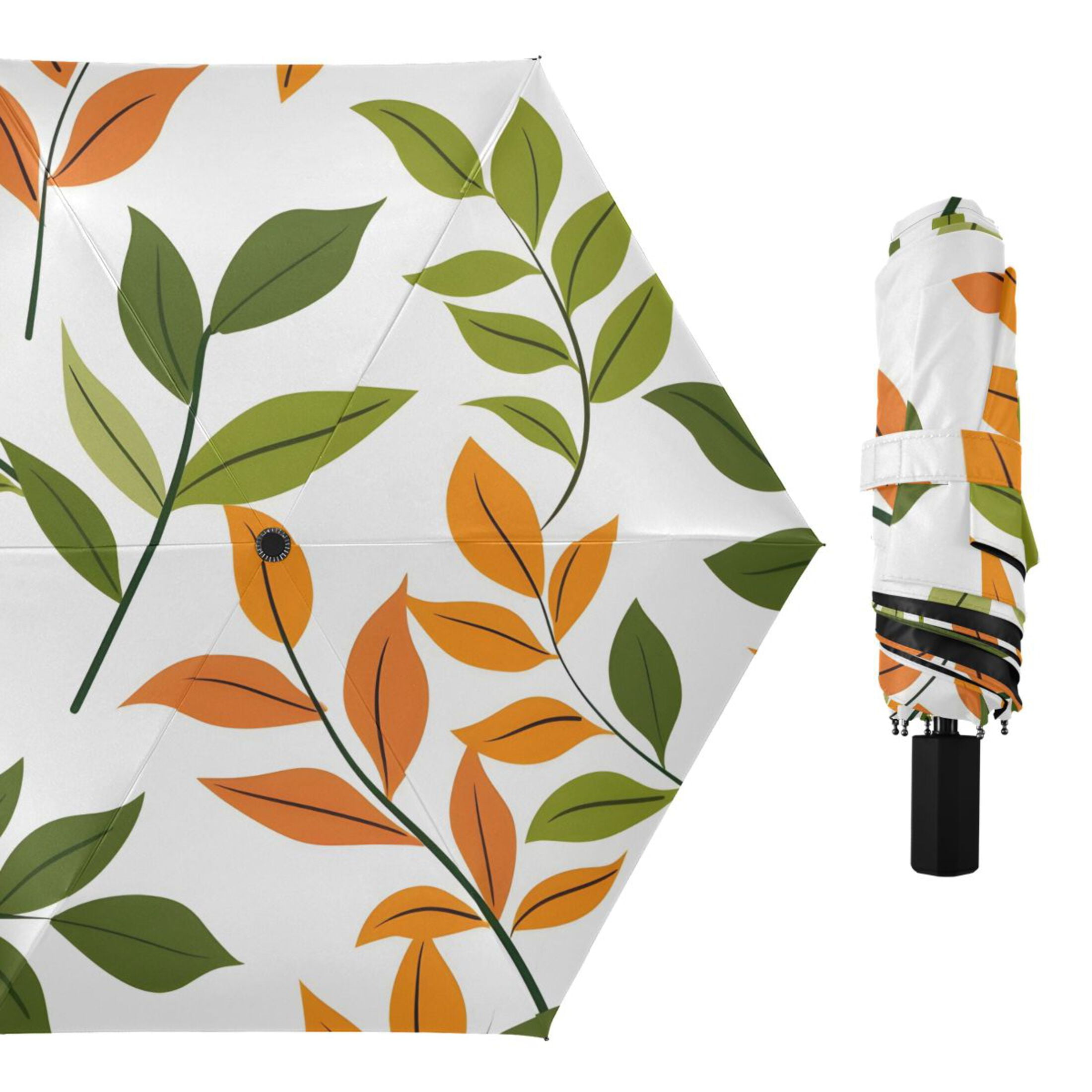 Cartoon Leaves in Green and Orange All Weather Umbrella Triple Folding ...