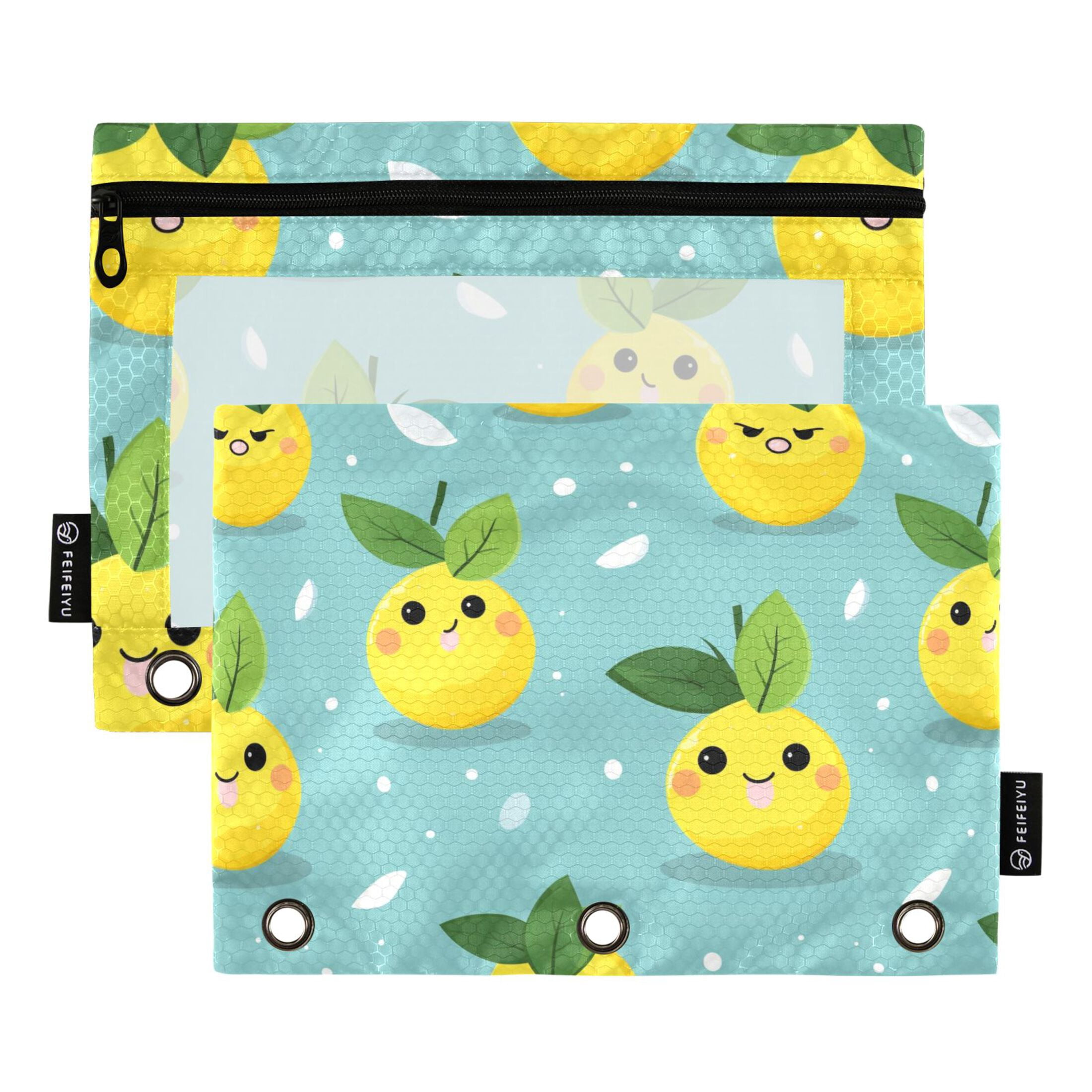 Cartoon Lemon Face 2 Pack Pencil Pouch for 3 Ring Binder Smooth Zipper ...