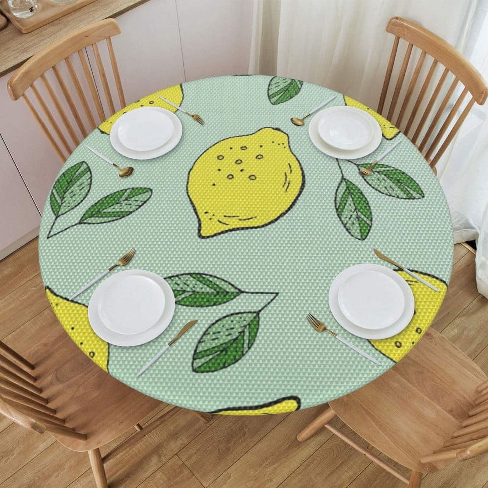 Cartoon Lemon Fruit Round Fitted Tablecloth with Elastic Fitted Table ...