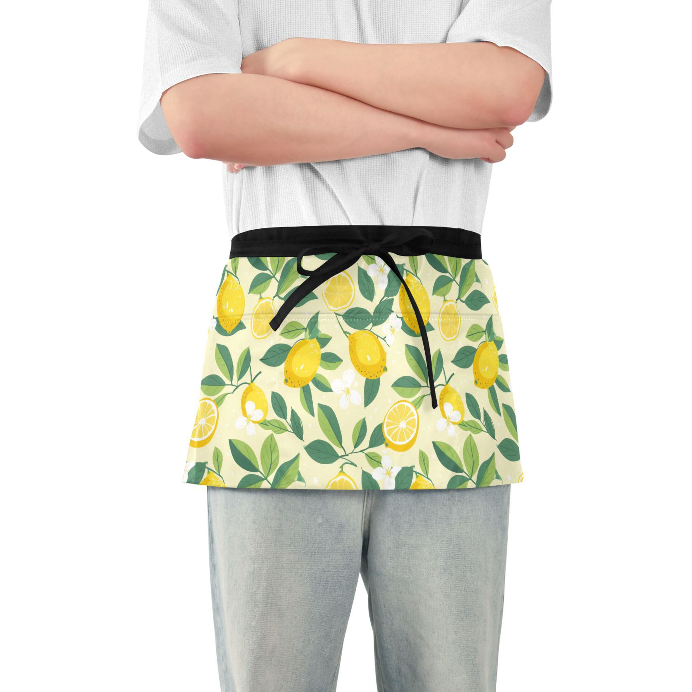 Cartoon Lemon and Plumeria Server Apron with 3 Pockets Waterproof ...