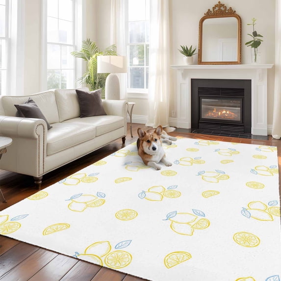 Cartoon Lemons Washable Area Rug 5x7 Summer Fruit Leaf Pastoral Plant ...