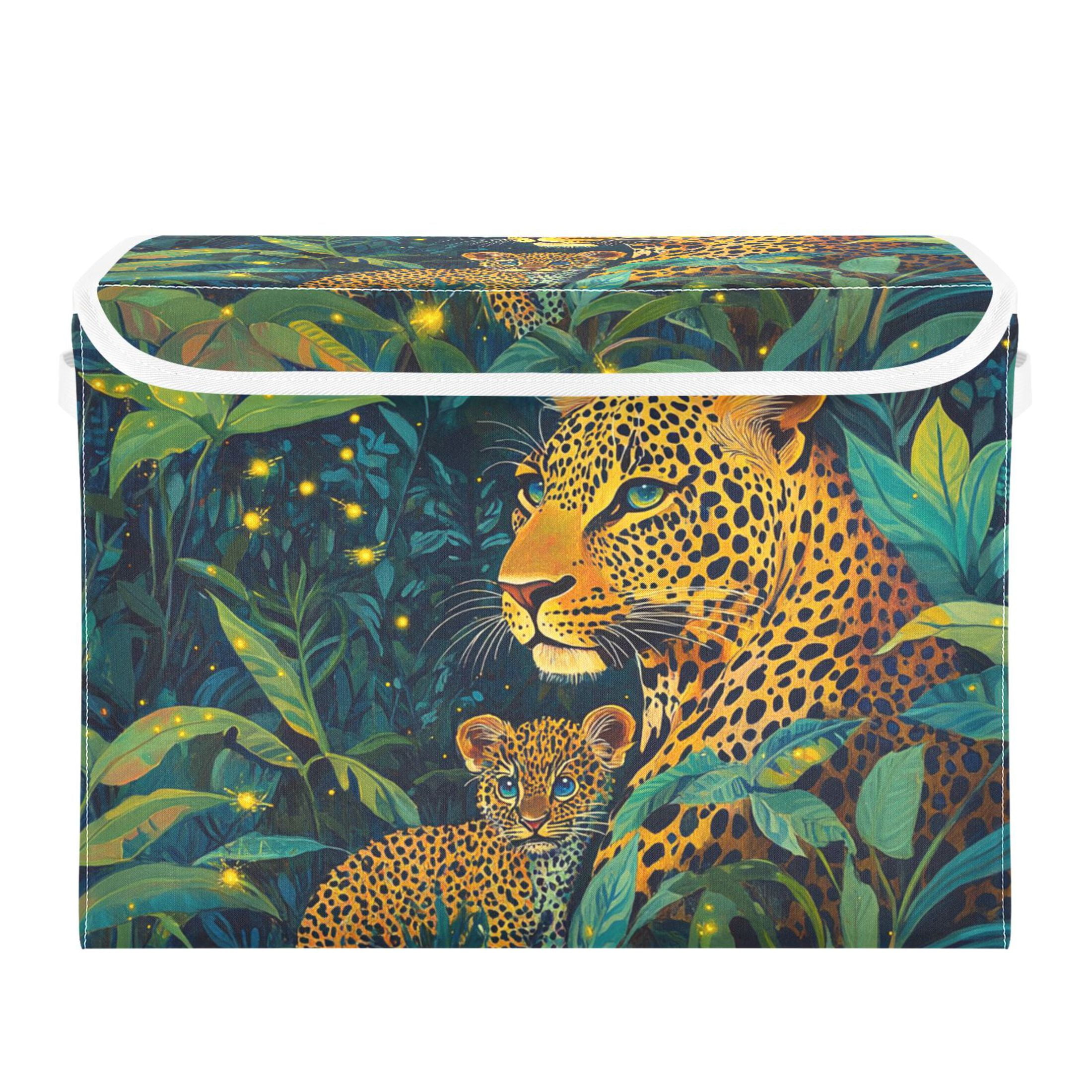 Cartoon Leopards in Jungle Moonlight Foldable Storage Bin with Lid and ...