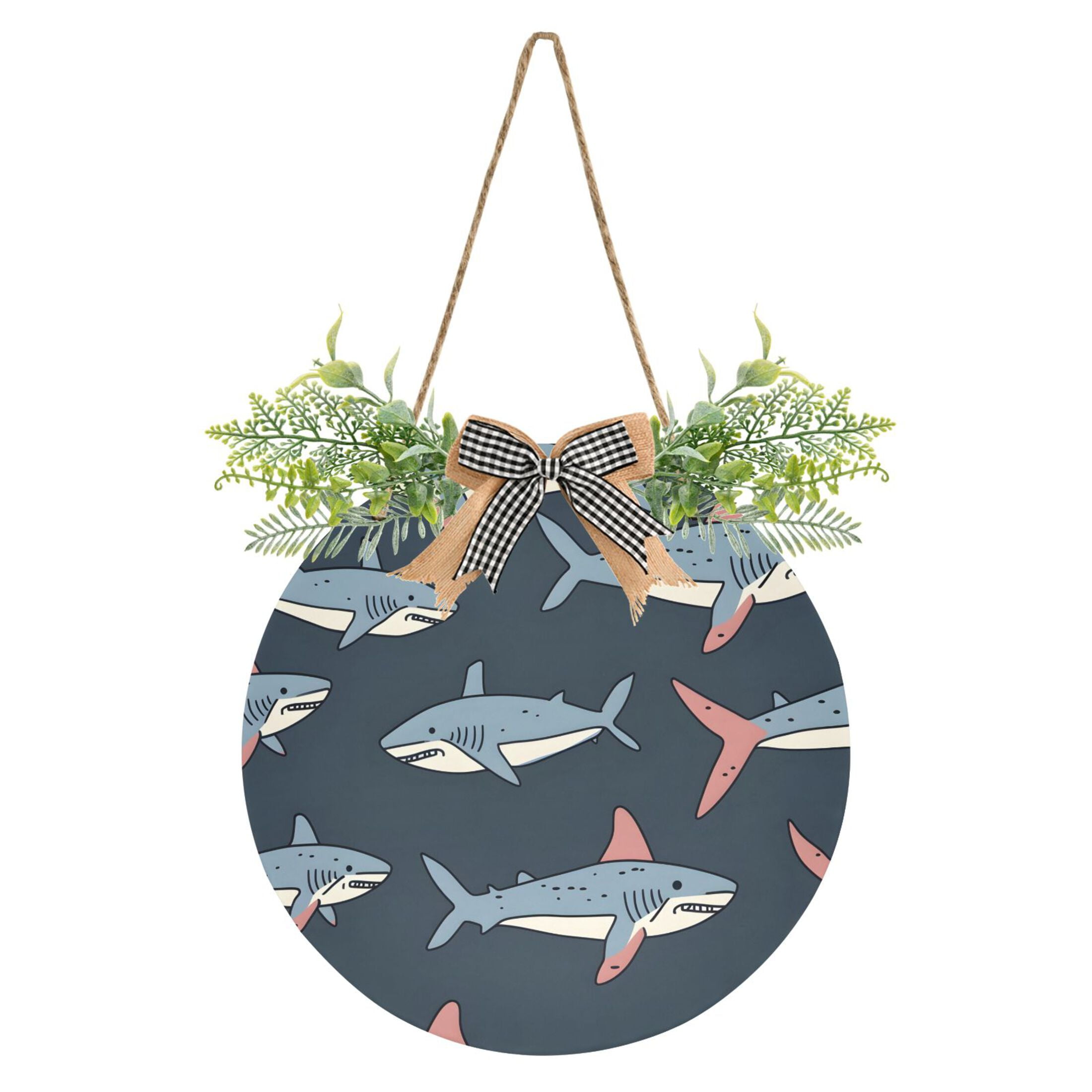 Cartoon Line Sharks Welcome Front Door Sign Round 12 inch Porch Hanging ...