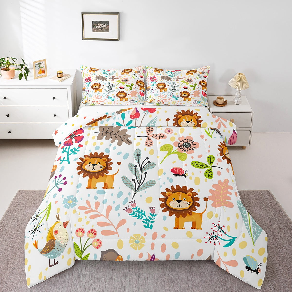Cartoon Lion Bed Comforter Set ,Jungle Botanical Lion Bedding Set Cute ...