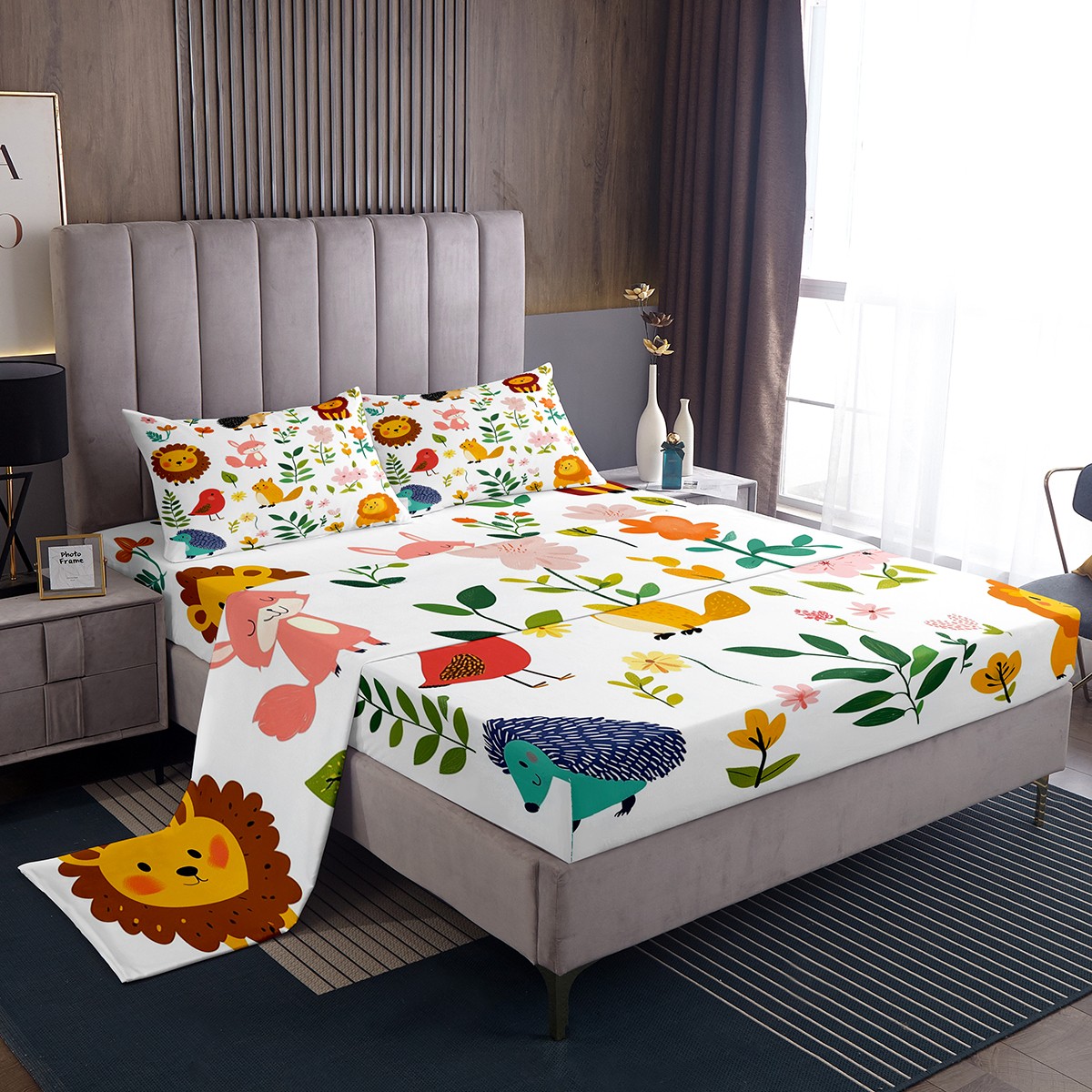 Cartoon Lion Bed Sheets Set,Botancial Groovy Flowers Painting Queen ...