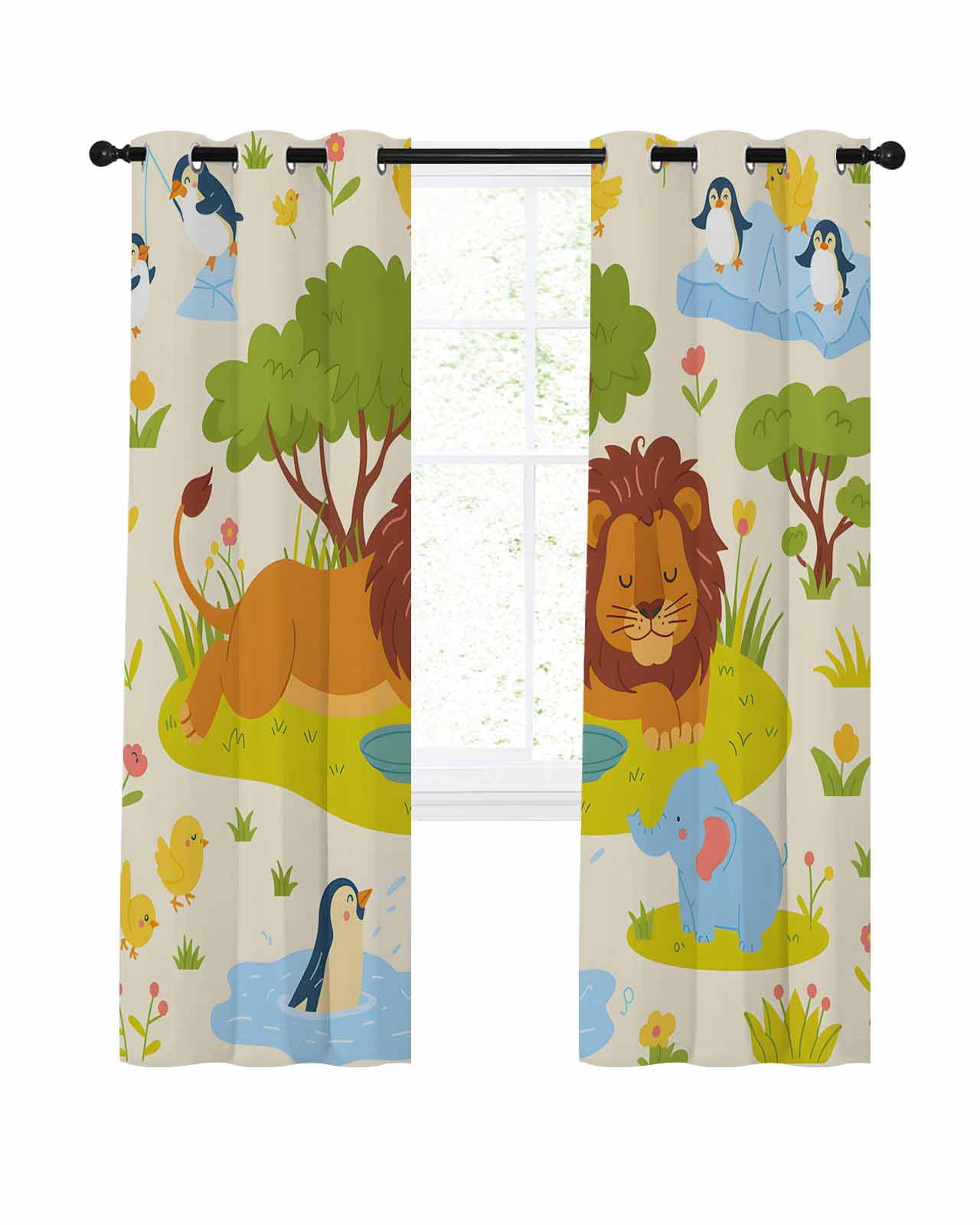 Cartoon Lion Blackout Curtains 96 Inch Length Penguins Chicken Thermal ...