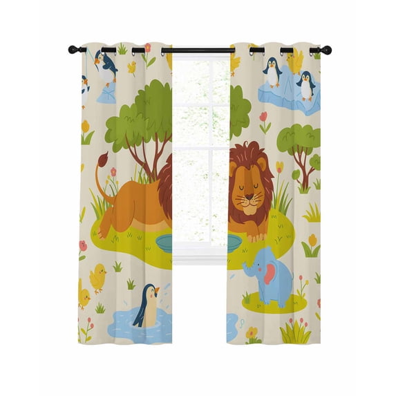 Cartoon Lion Blackout Curtains 96 Inch Length Penguins Chicken Thermal ...