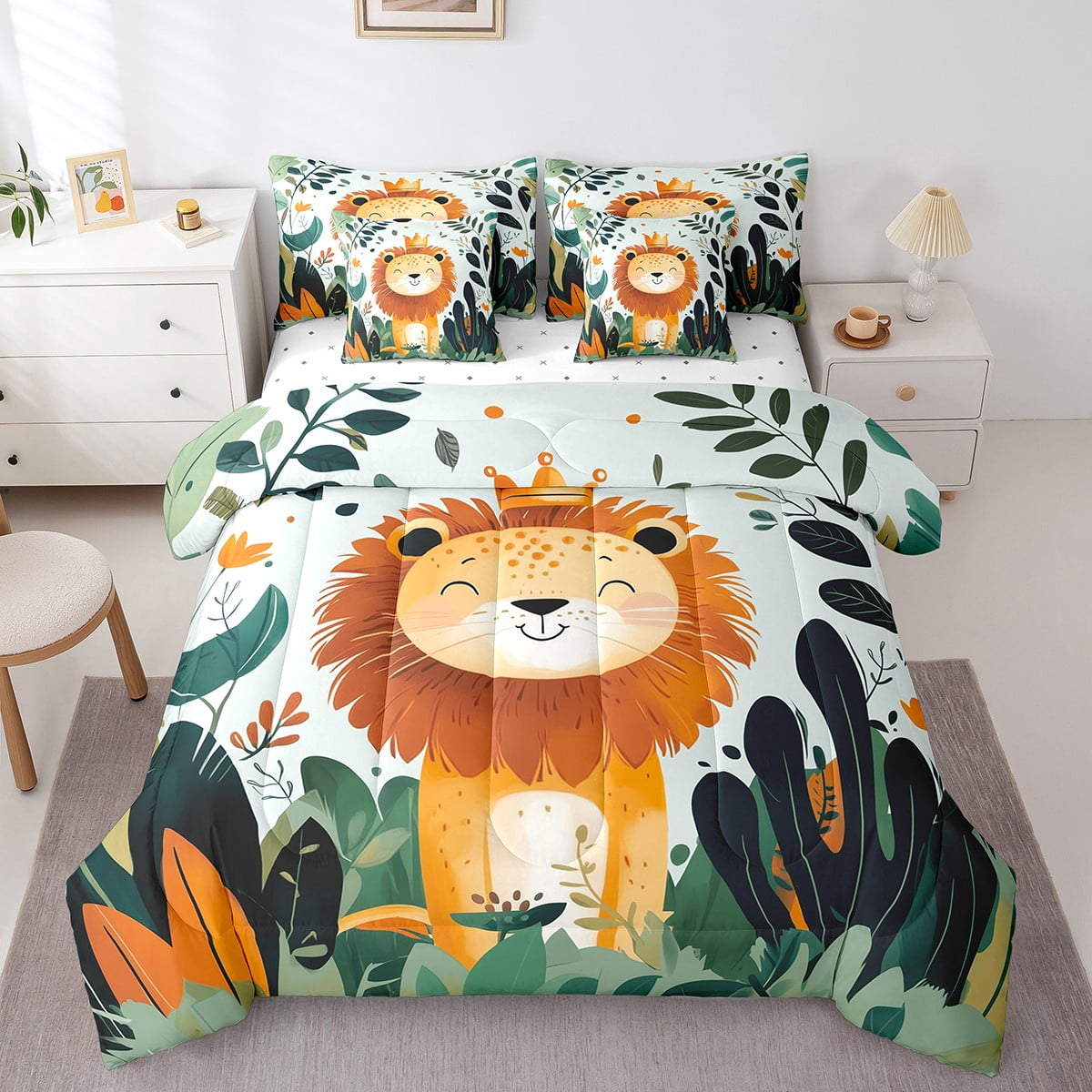 Cartoon Lion Comforter Set Full Size,Watercolor Hand Drawn Bedding Set ...