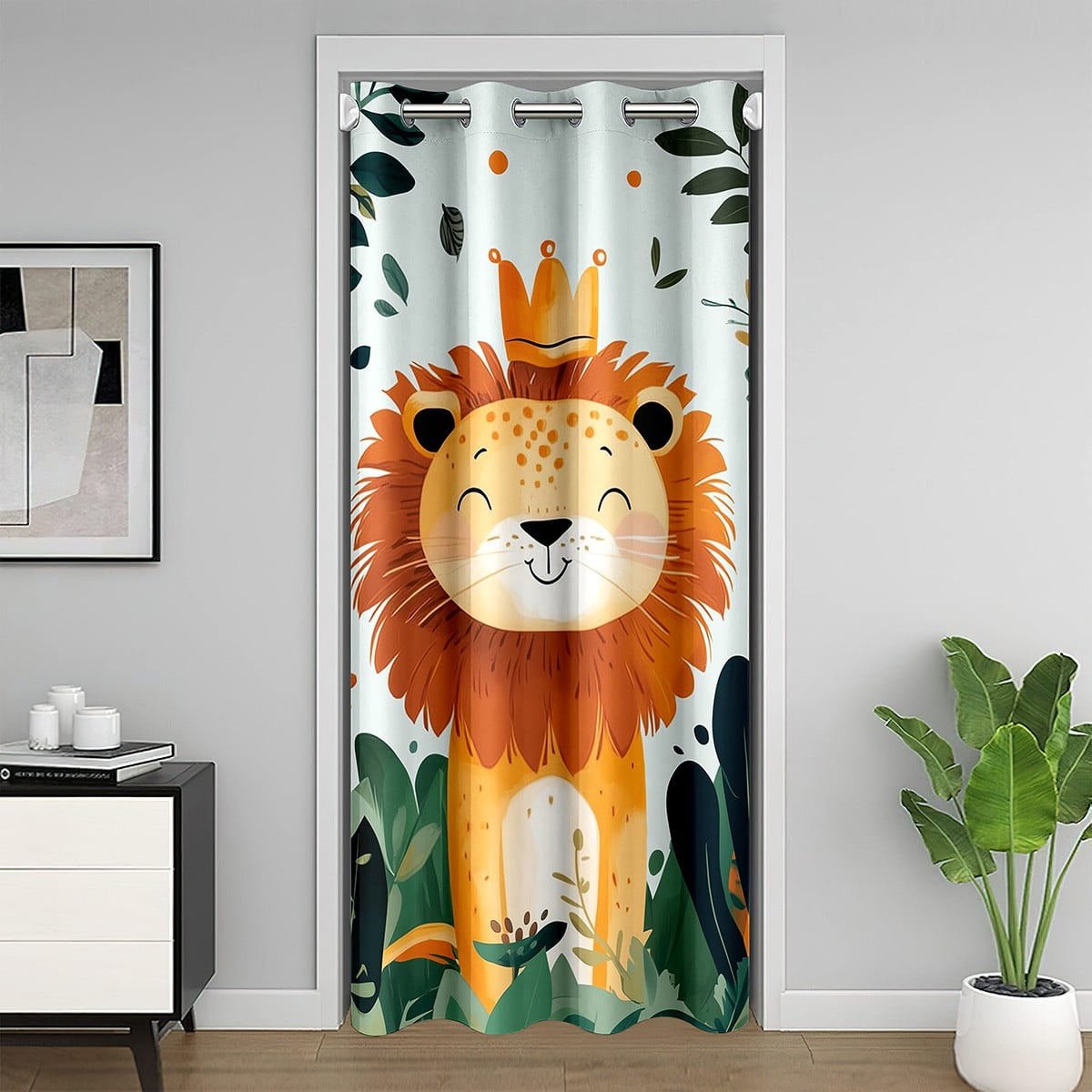 Cartoon Lion Door Curtain Watercolor Hand Drawn Blackout Curtain for ...