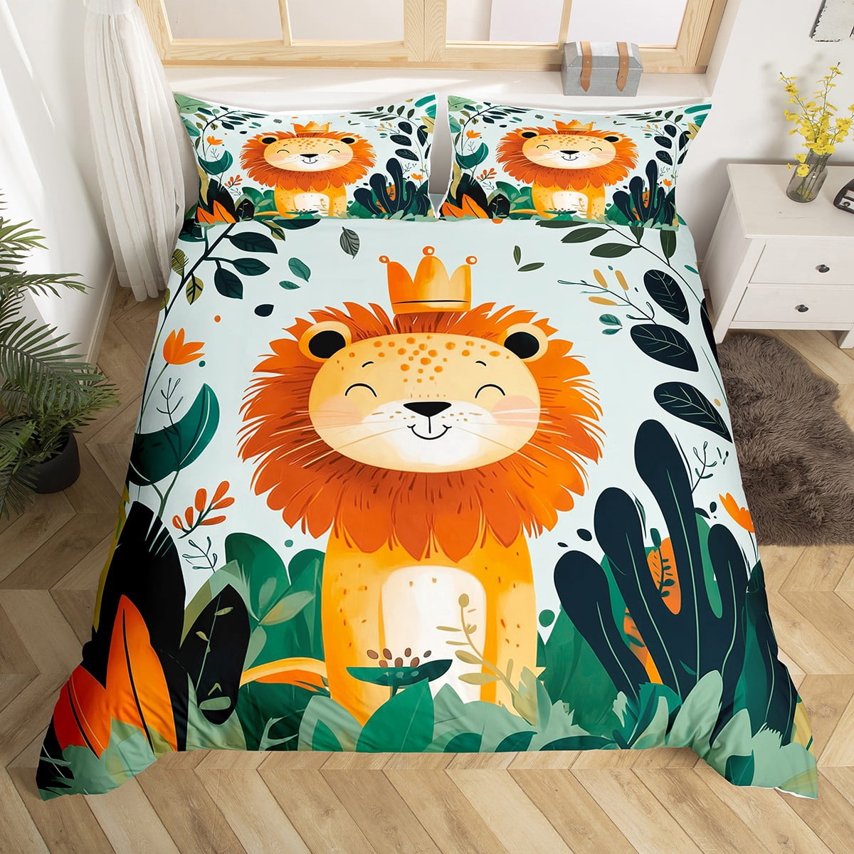 Cartoon Lion Duvet Cover Full Size Watercolor Hand Drawn Bedding Set ...
