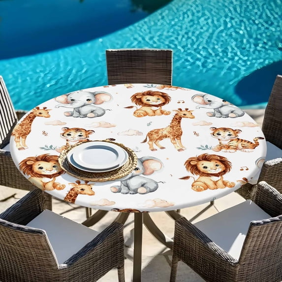 Cartoon Lion Giraffe Elephant Tiger Round Fitted Tablecloth with ...