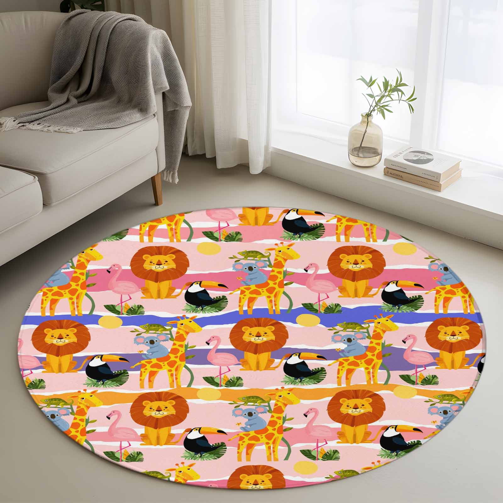 Cartoon Lion Giraffe Koala Bird 4FT Round Area Rugs Cute Animal Leaf ...