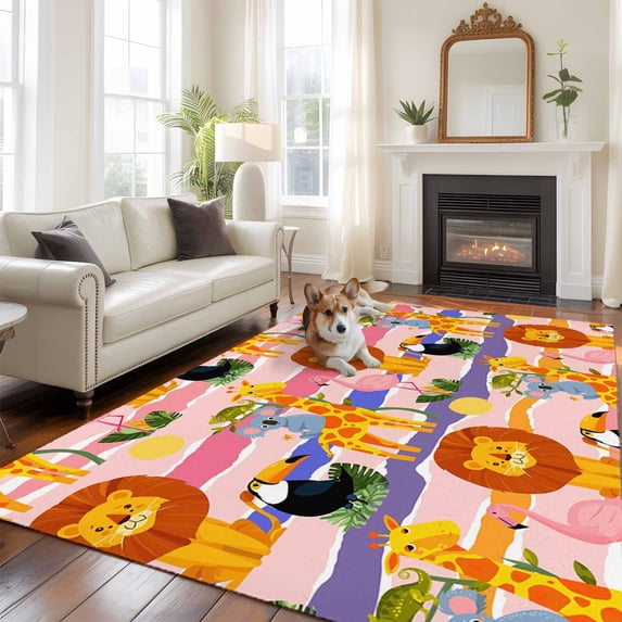 Cartoon Lion Giraffe Koala Bird Area Rugs 5x7 ft Cute Animal Leaf Pink ...