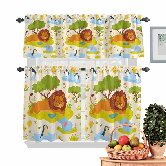 Cartoon Lion Kitchen Curtains Valances 3 Piece Set, Penguins Chicken ...