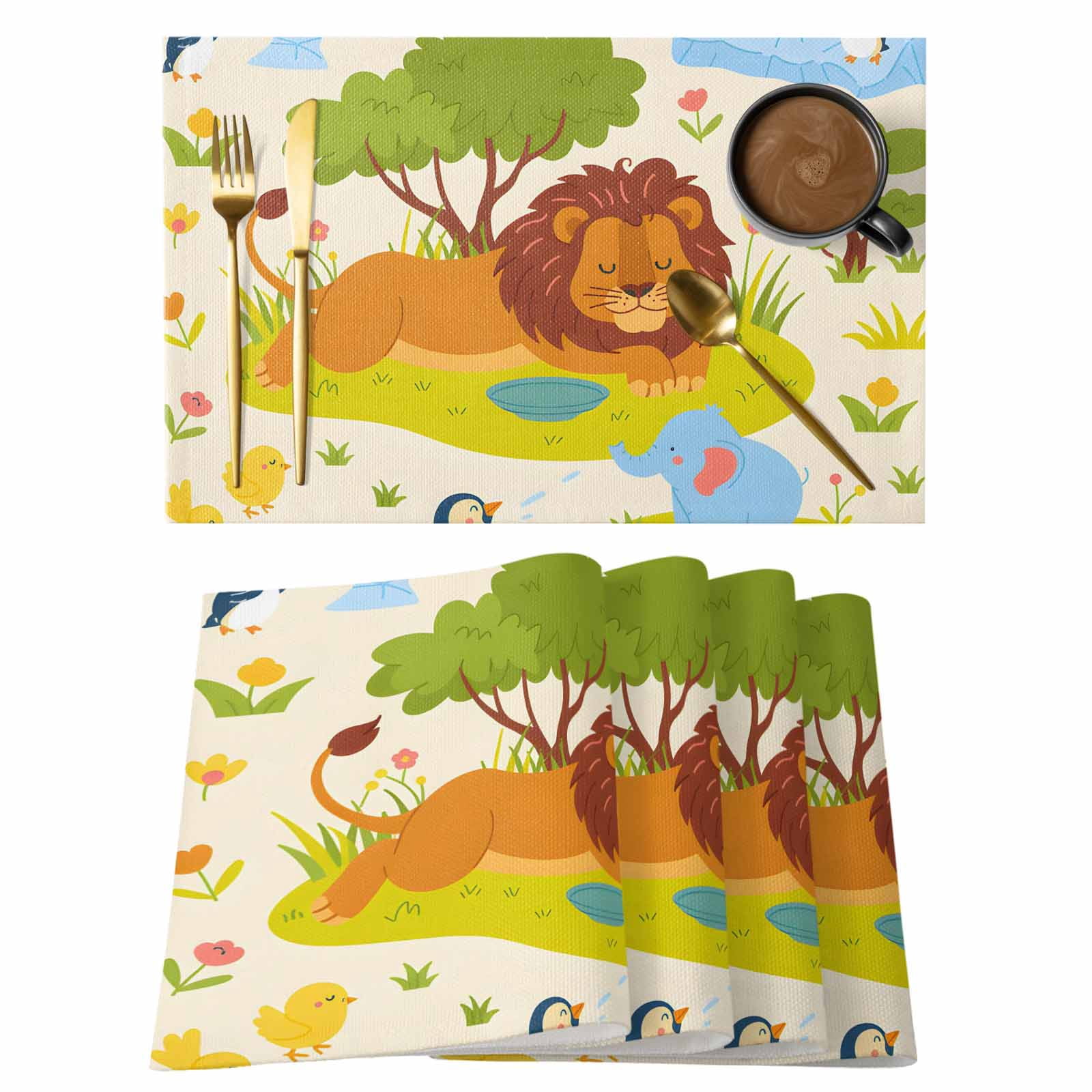Cartoon Lion Placemats Set of 2 Penguins Chicken Forest Cute Heat ...