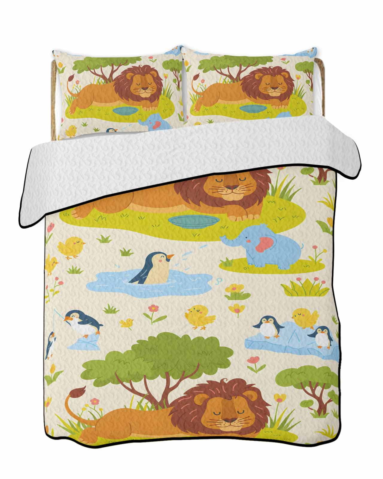 Cartoon Lion Quilts Bedding Set Full Size Penguins Chicken Lightweight ...