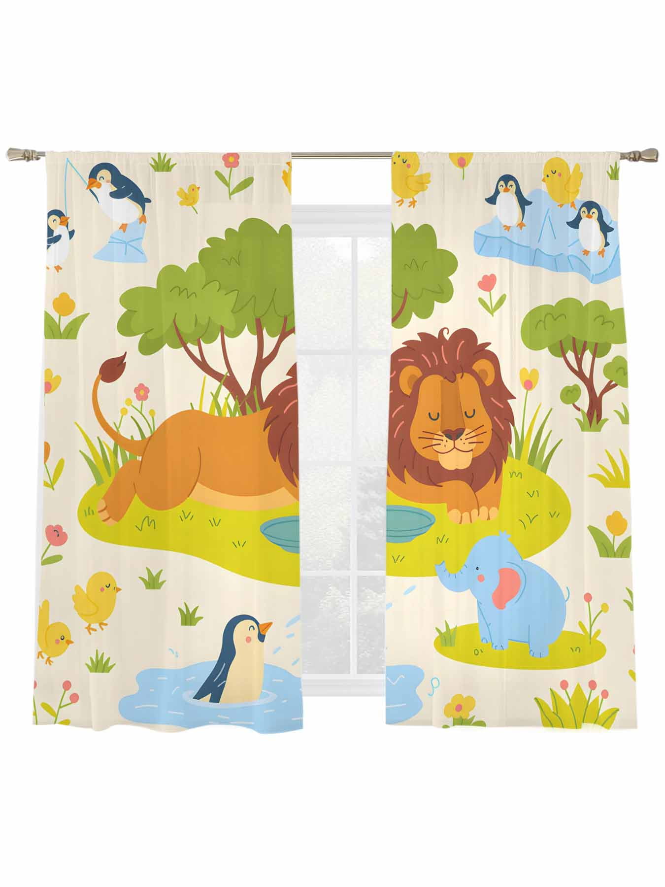 Cartoon Lion Sheer Curtains 72 Inch Long 2 Panels, Penguins Chicken ...