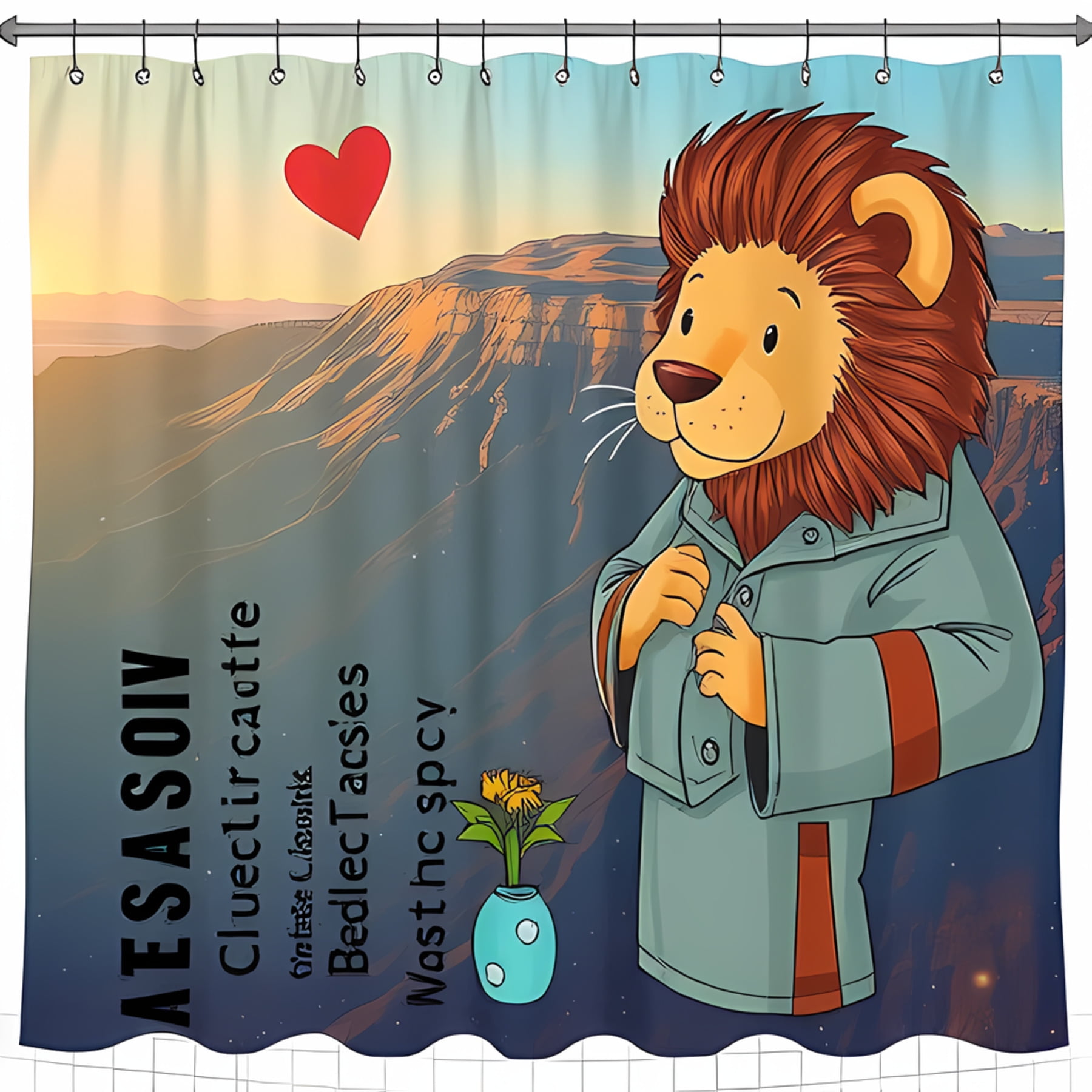Cartoon Lion Shower Curtain - Vibrant Blue Robe Design with Red & Scenic Mountain Background ...