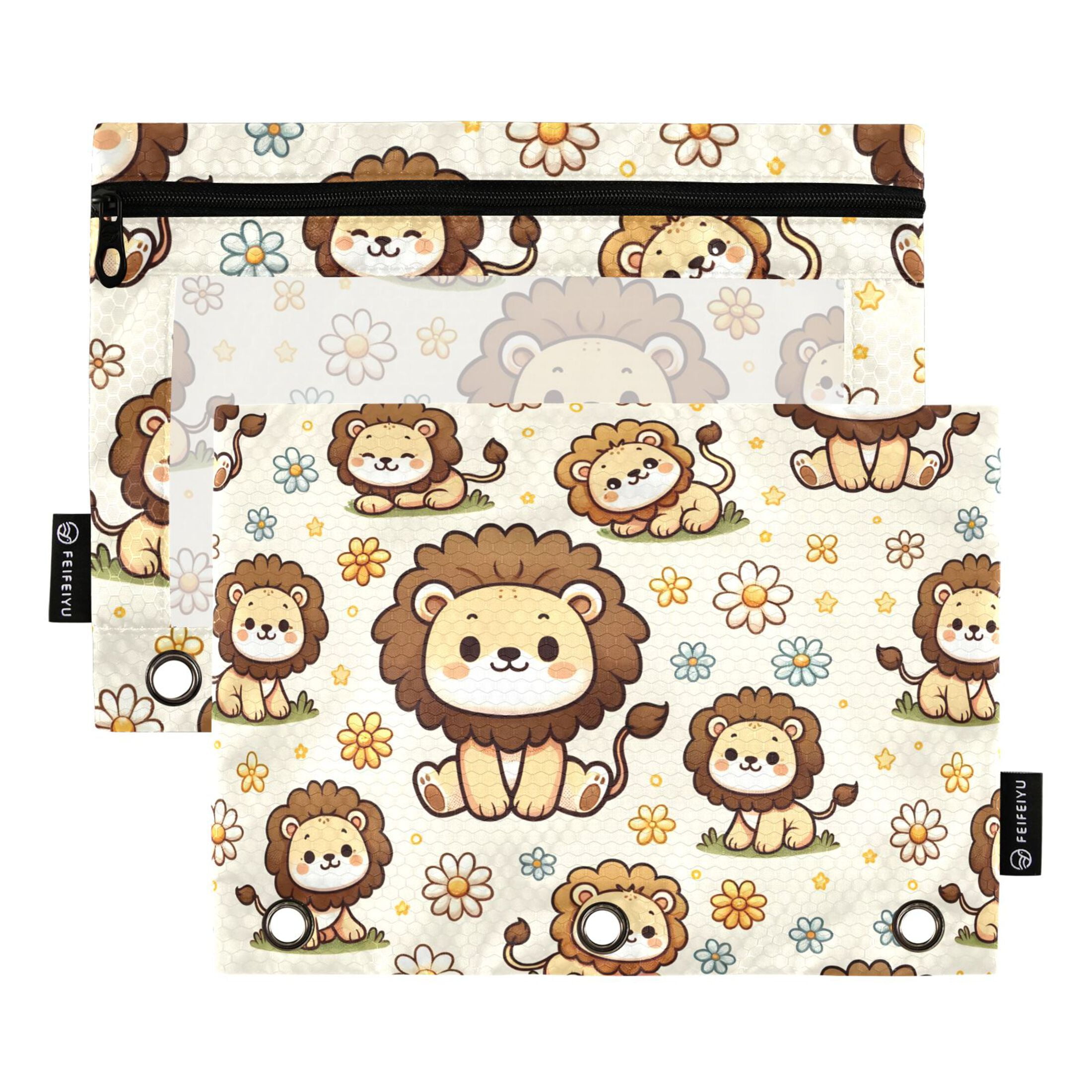 Cartoon Lion and Daisy 2 Pack Pencil Pouch for 3 Ring Binder Smooth ...