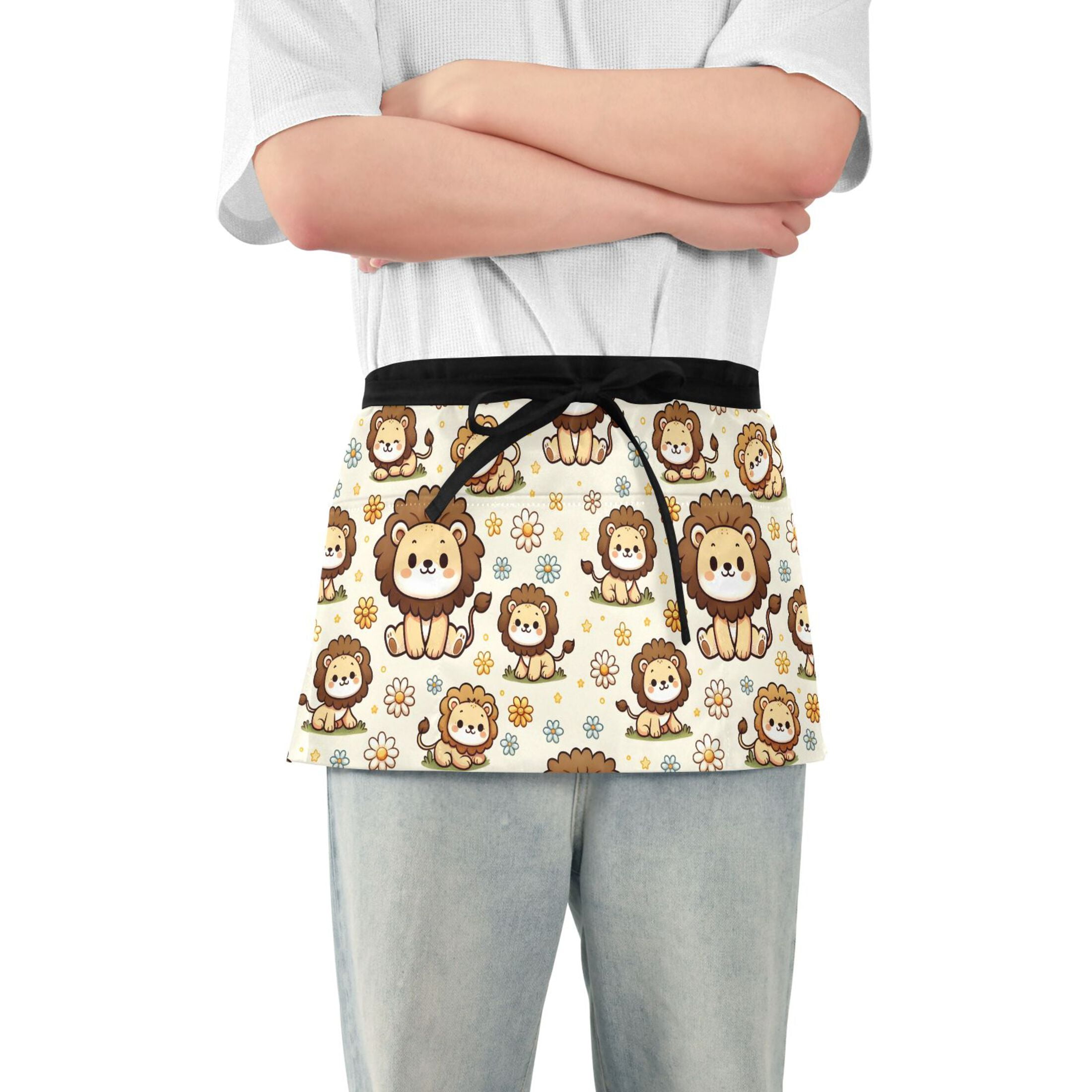 Cartoon Lion and Daisy Server Apron with 3 Pockets Waterproof Waitress ...