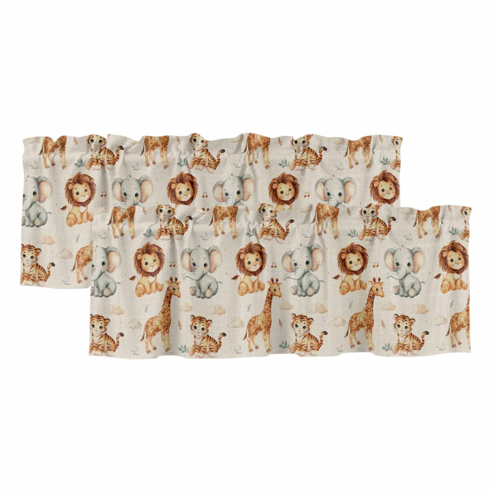 Cartoon Lions Giraffe Tiger 2 Panels Kitchen Valance, Cute Animal Leaf ...