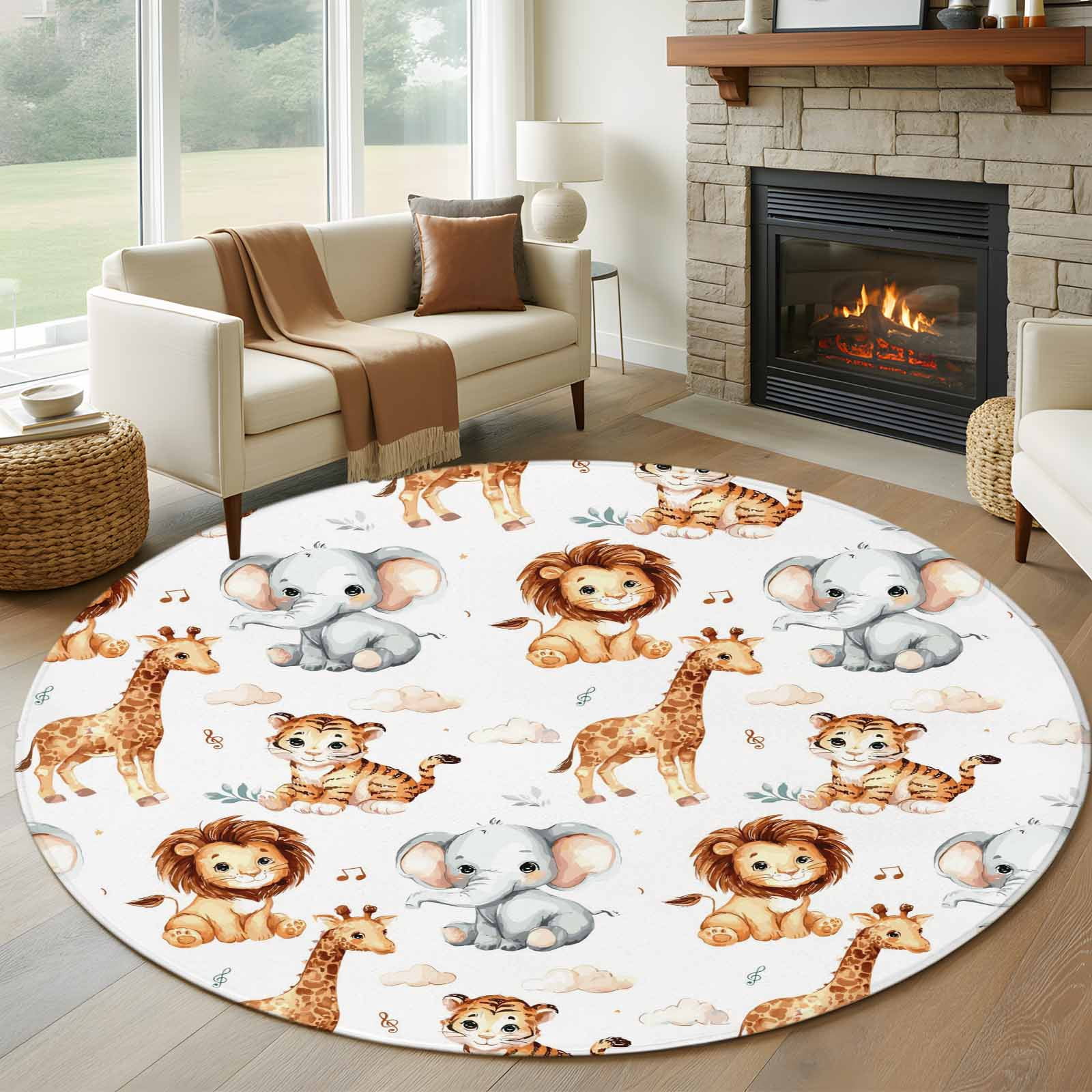 Cartoon Lions Giraffe Tiger 8FT Round Area Rugs for Living Room Cute ...